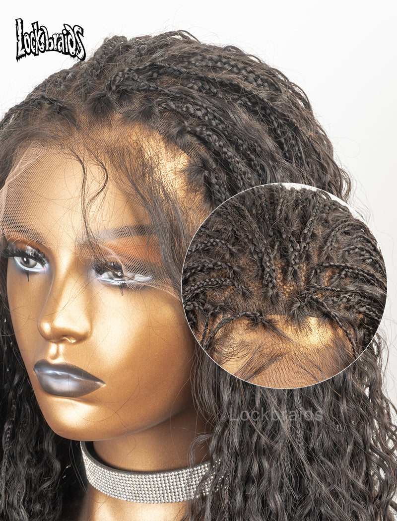 Human Hair Full Lace Braided Wig Glueless Small Boho Knotless Braids W
