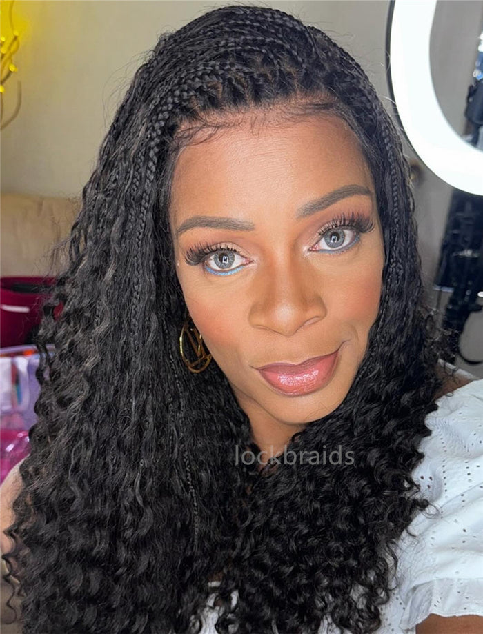 Human Hair Full Lace Braided Wig Glueless Small Boho Knotless Braids W